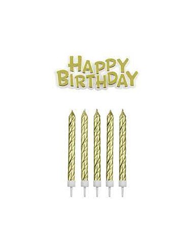 Set de 16 velas rectas doradas más una vela Happy Birthday.